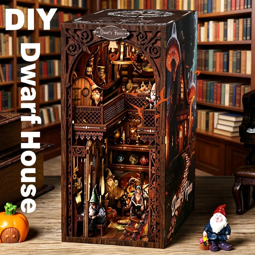 DIY Dwarf House Book Nook Kit With LED Lights, Wooden Fantasy Miniature ...