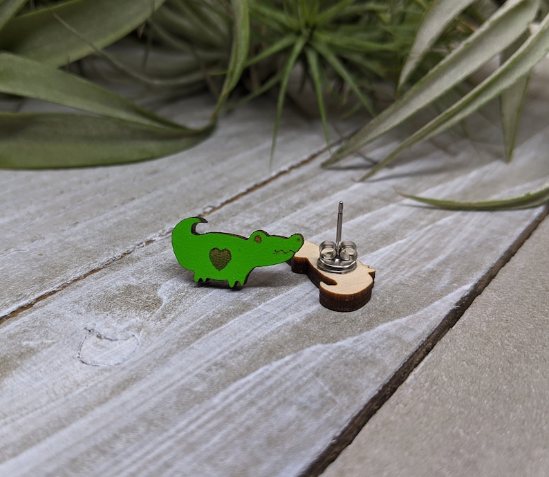 Handmade Gator Stud Earrings | Laser Cut Wood, Surgical Steel - Etsy