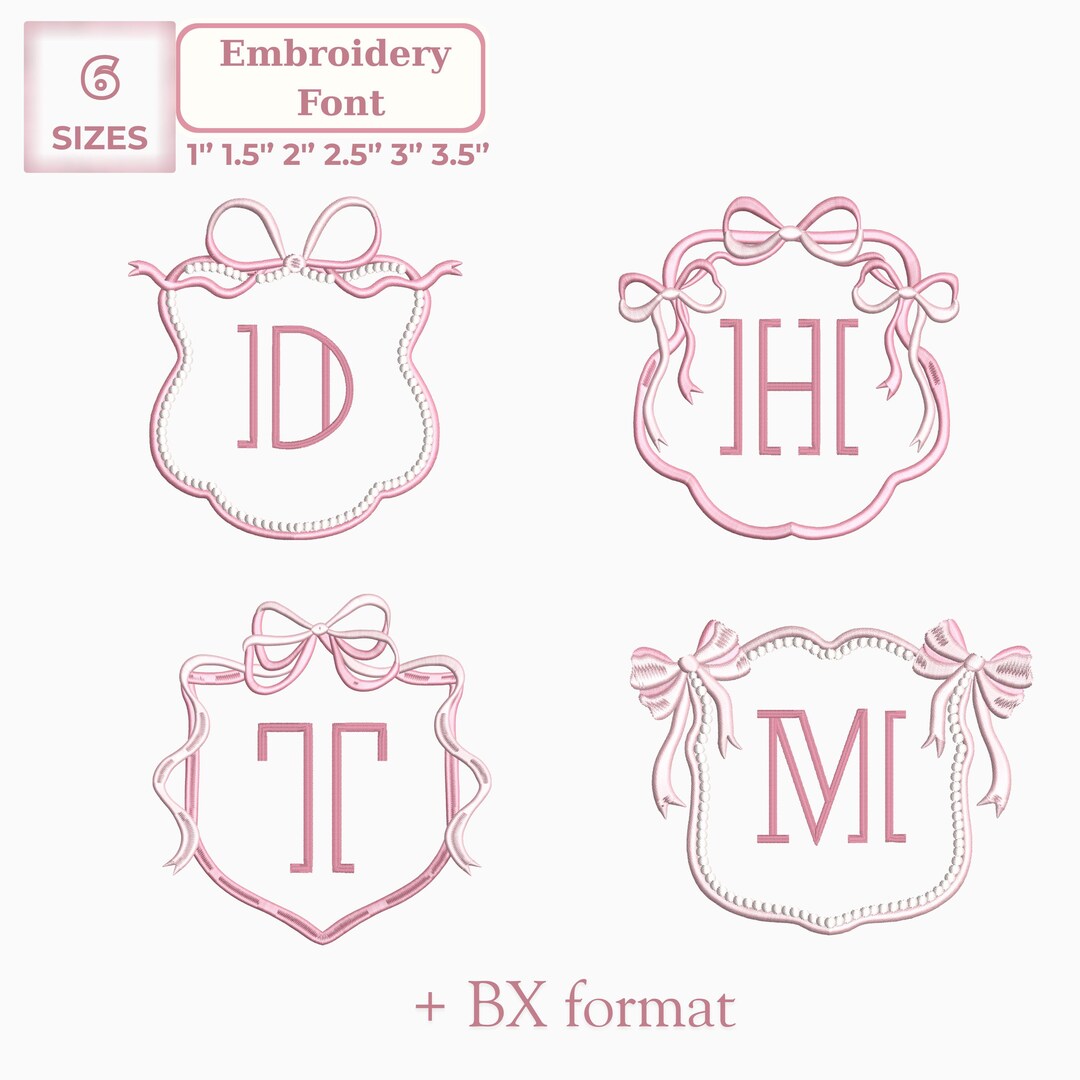 Monogram Embroidery Font, Frame Bow Coquette Embroidery Design, Duo ...