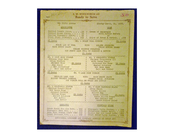 1938 F.W. WOOLWORTH Lunch Counter MENU. 5 Days of Menus. Hand Typed ...