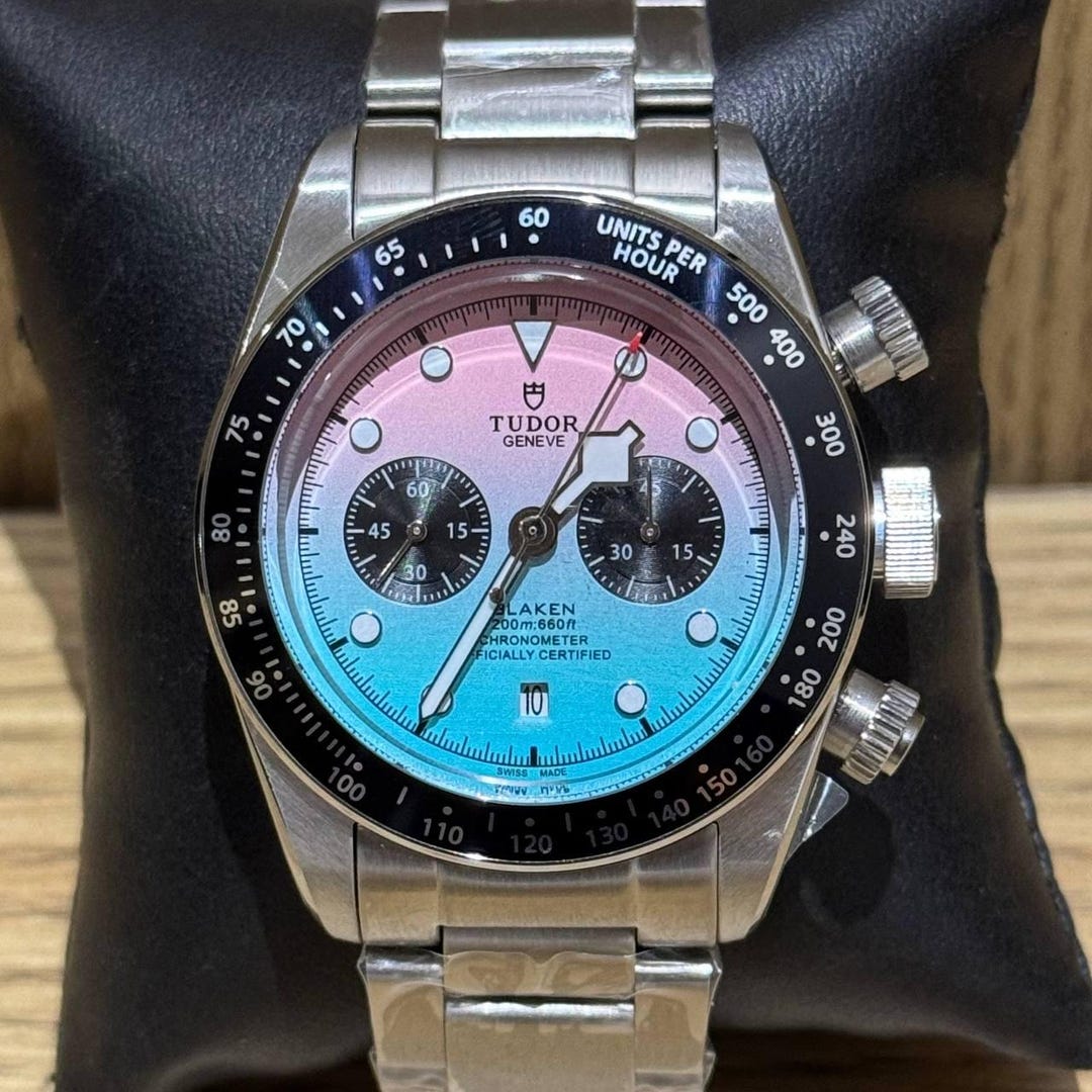 Vintage Tudor Automatic Movement Round Blue Pink Dial Silver Stainless ...