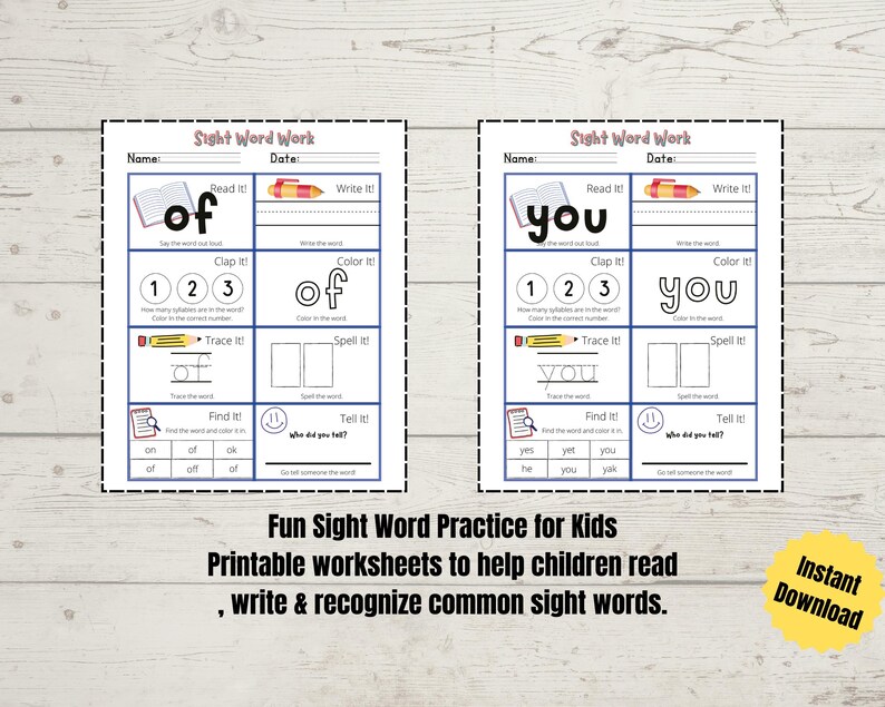Sight Word Worksheets, Preschool Kindergarten Printable (PDF Download) - Etsy