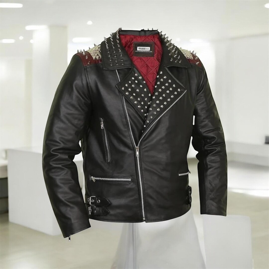 Men’s Black Studded Leather Biker Jacket – Punk Rock Spiked Motorcycle ...