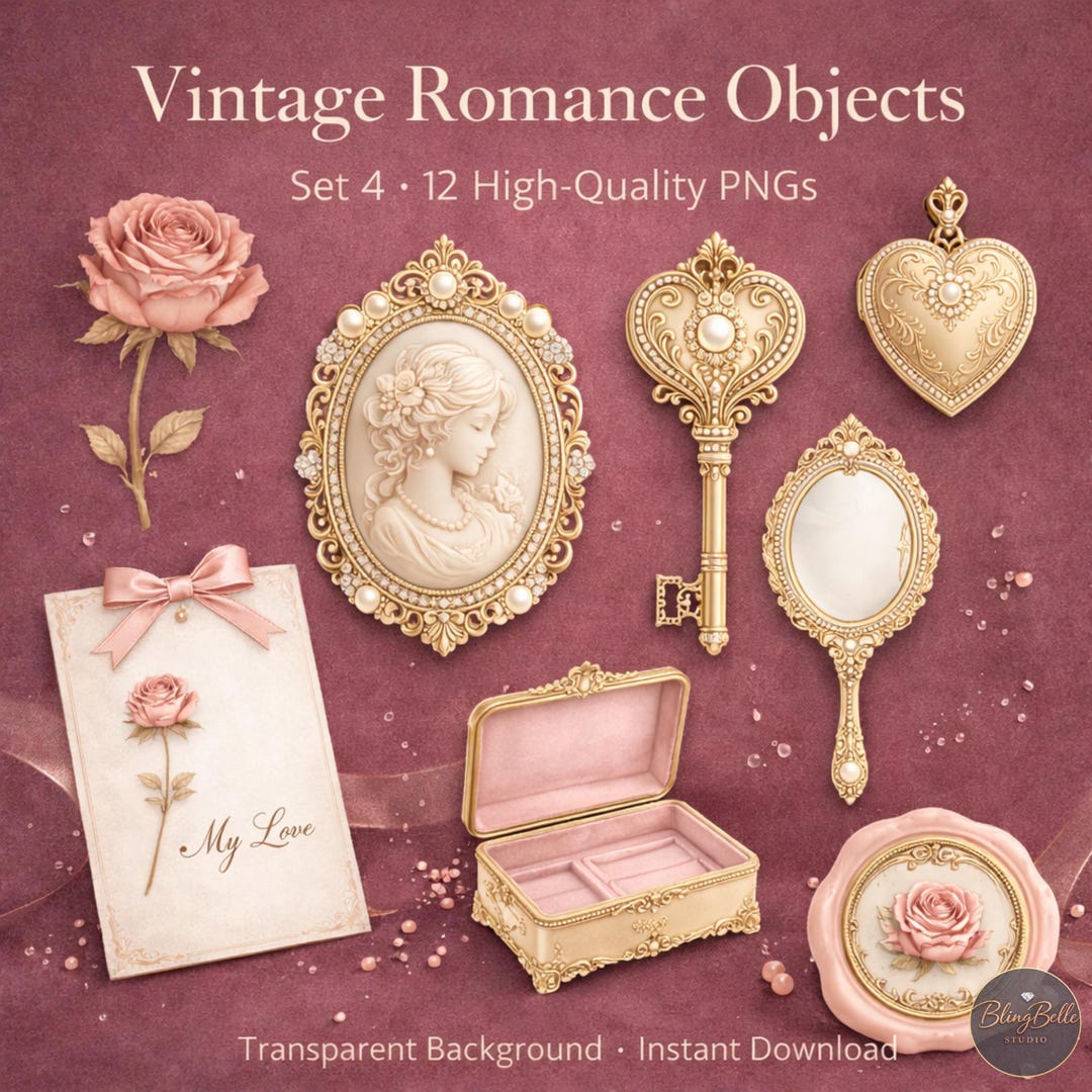 Coquette Vintage Romance Objects Clipart Set 4 – 12 Gold Frames, Roses ...