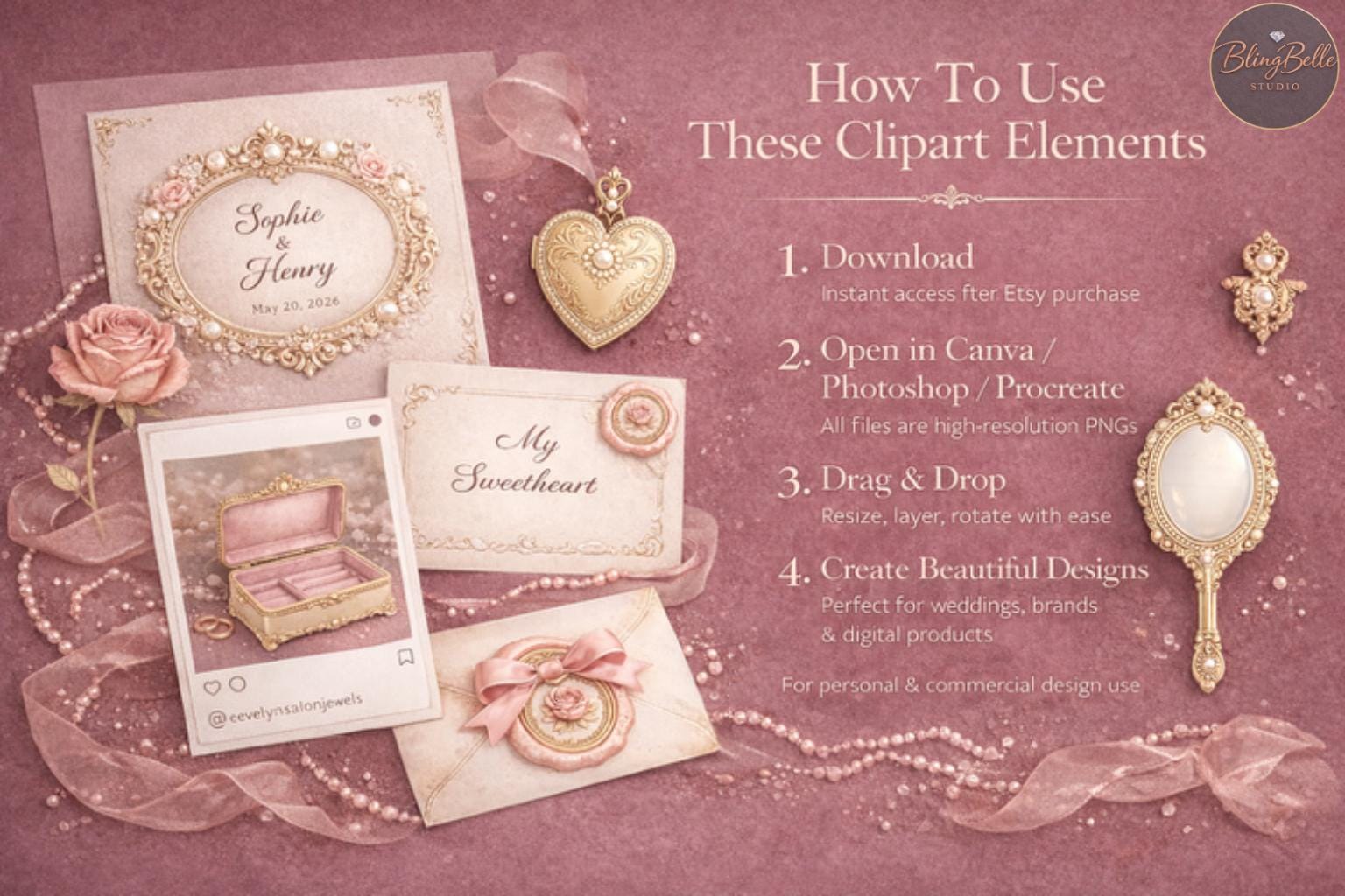 Coquette Vintage Romance Objects Clipart Set 4 – 12 Gold Frames, Roses ...