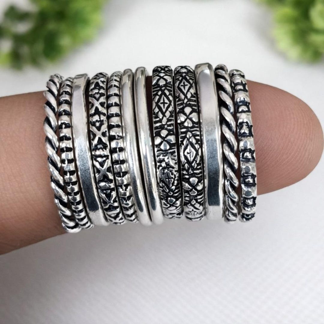 Oxidized Silver Ring Set | Boho Stackable Rings, Tribal Jewelry - Etsy