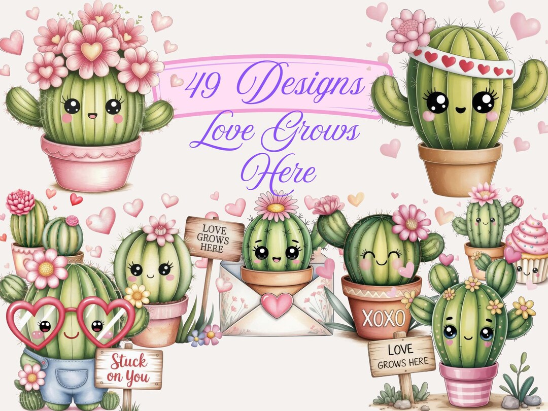 Valentine Cactus Clipart, Cute Love Plant PNG, Adorable Heart Cactus ...