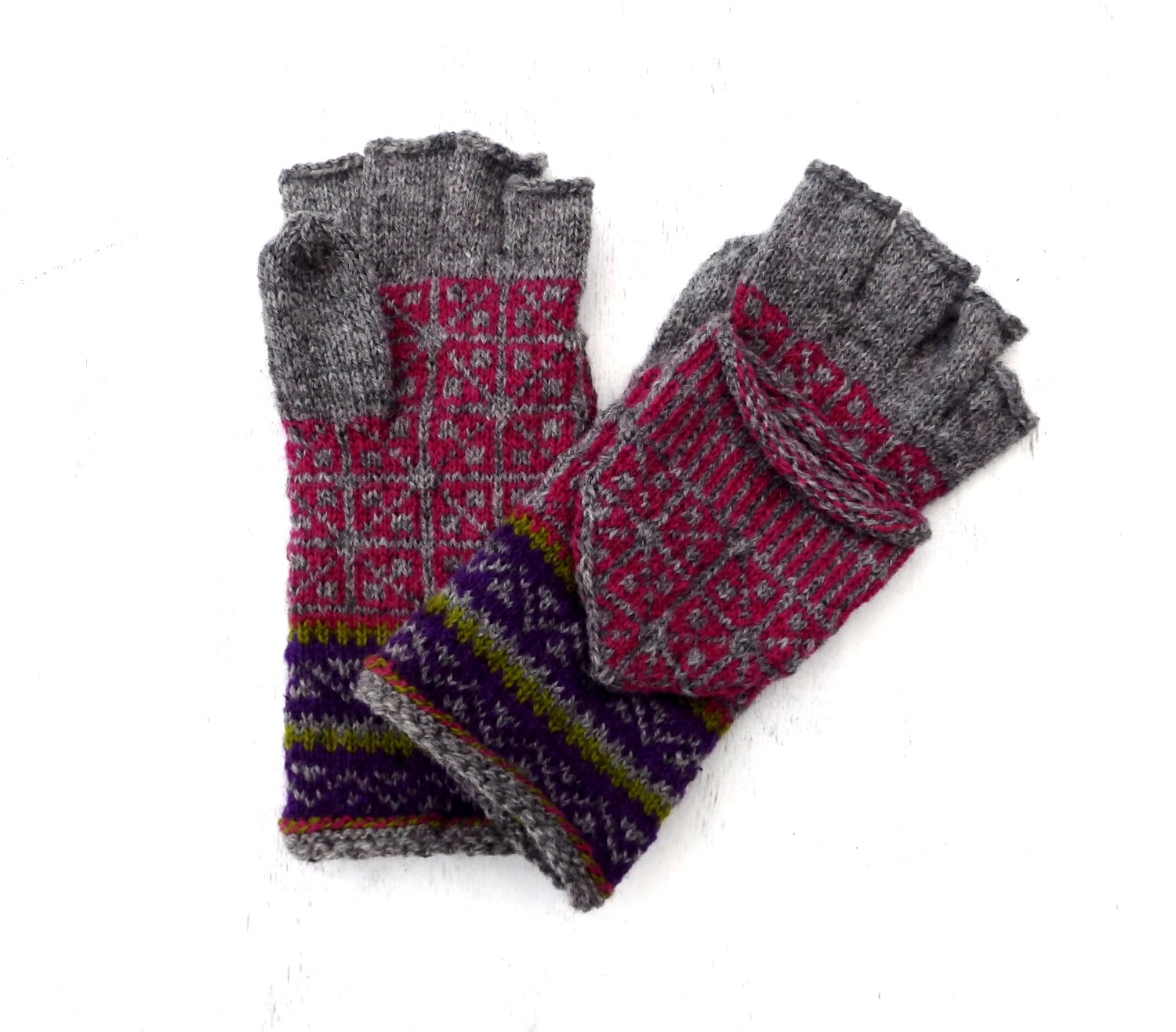 Hand Knitted Wool Convertible Gloves: Gray Purple Nordic Mittens - Etsy