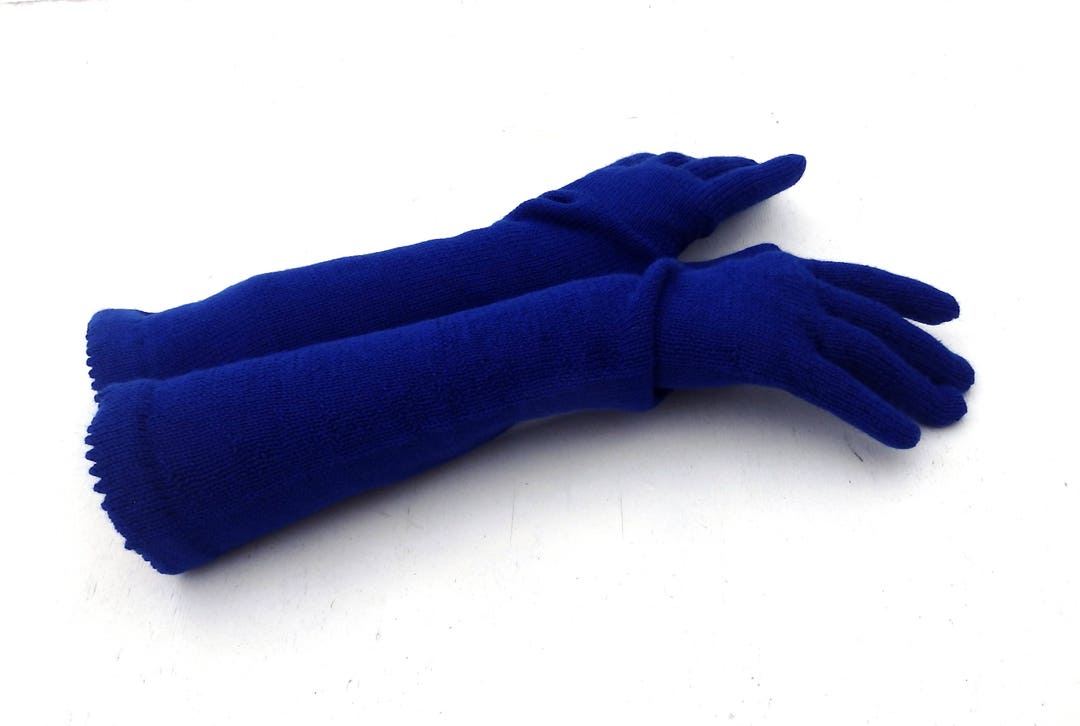 Knitted Long Blue Gloves: Wool Blend Arm Warmers - Etsy