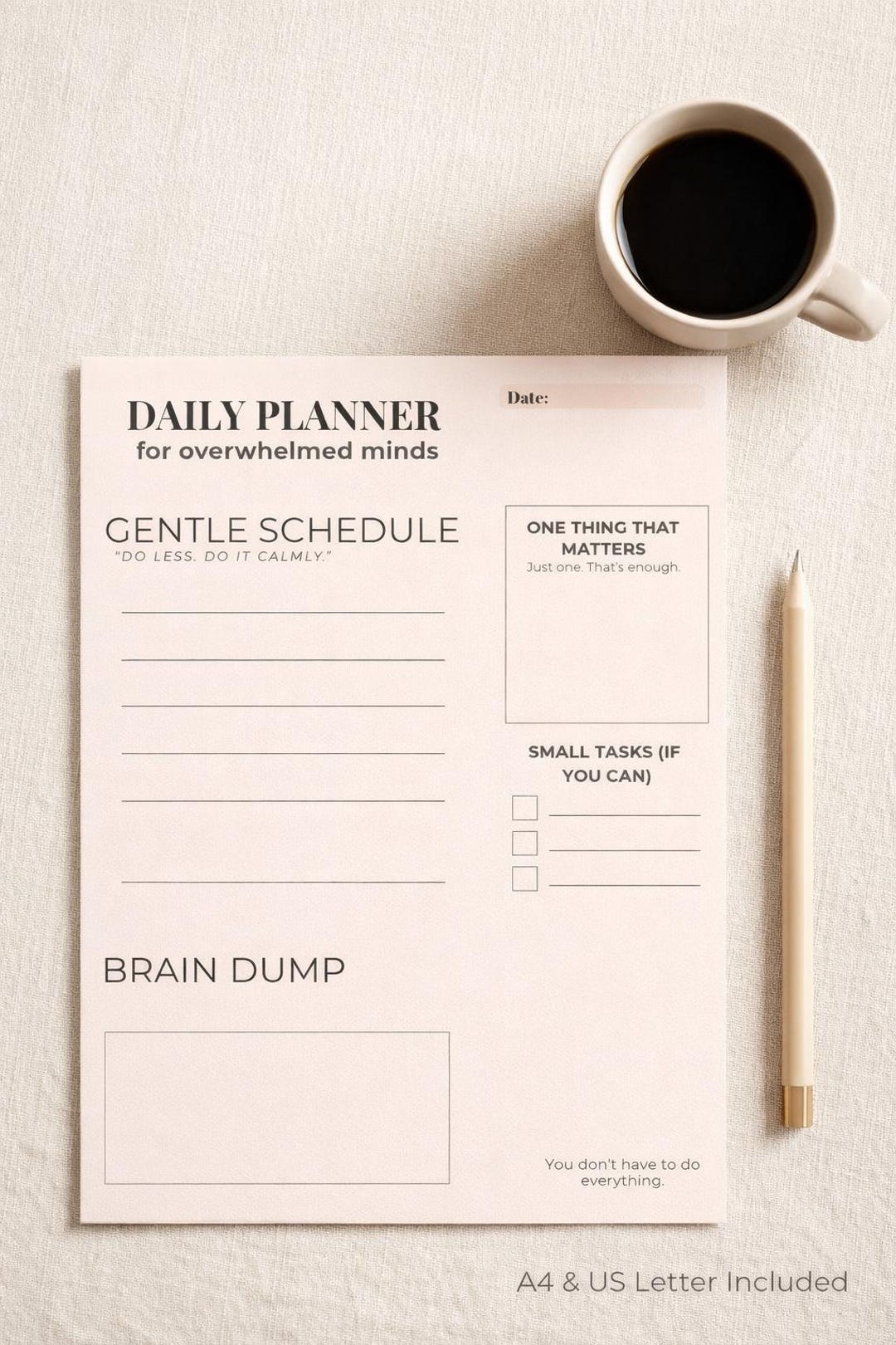 Gentle Daily Planner Printable | Minimal Calm Planner for Anxiety ...