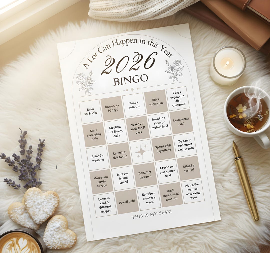 Aesthetic 2026 Vision Board Bingo, New Year Goals Bingo Card ...