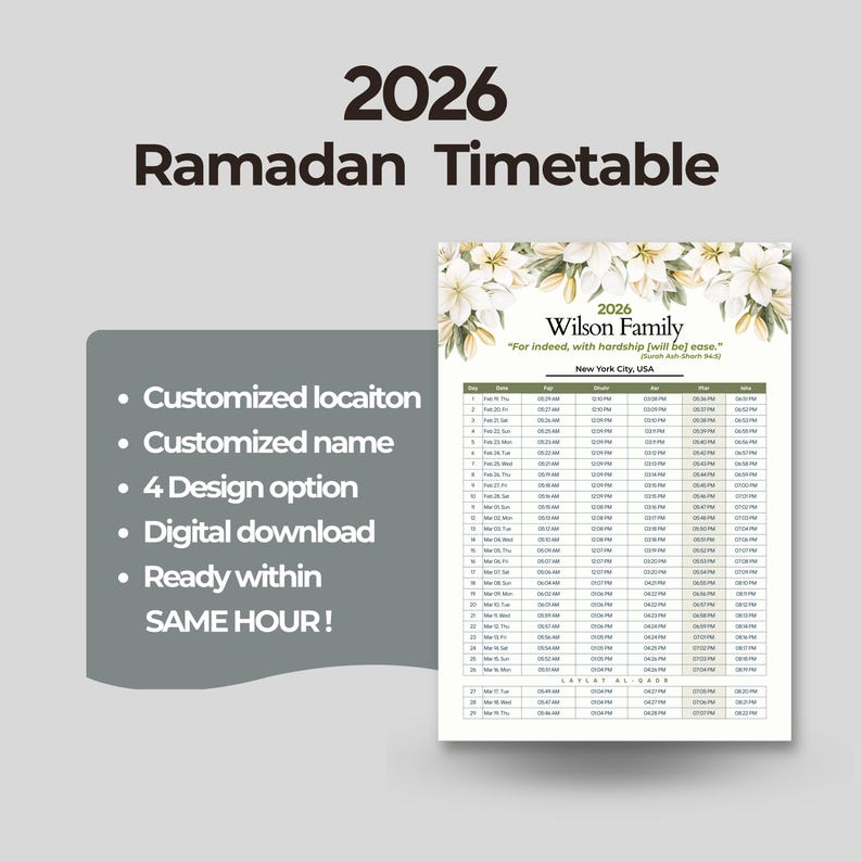 Custom Ramadan Timetable 2026, Imsakieh Printable, Ramadan Calendar ...