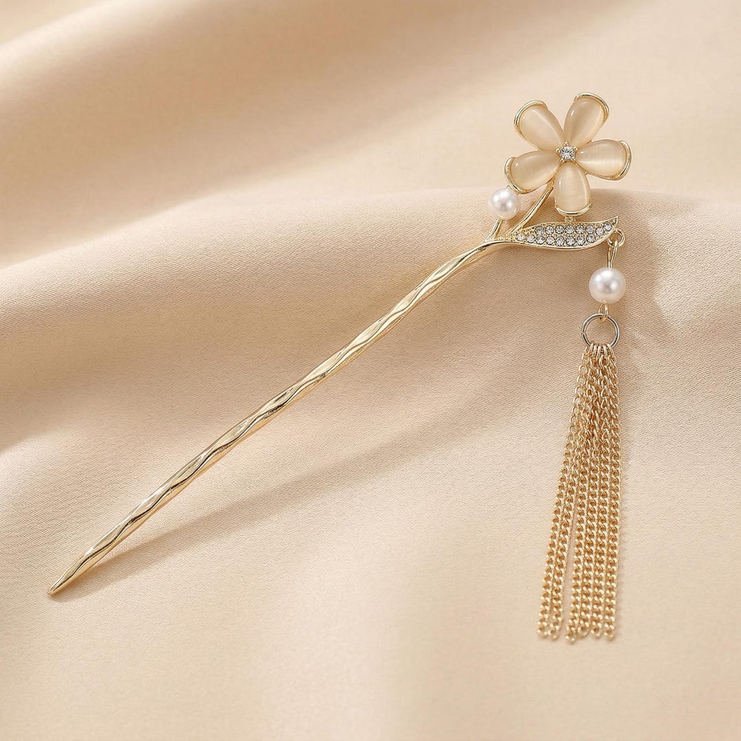 Elegant Floral Hair Stick With Chain Tassel, Glossy Gold Rhinestone ...