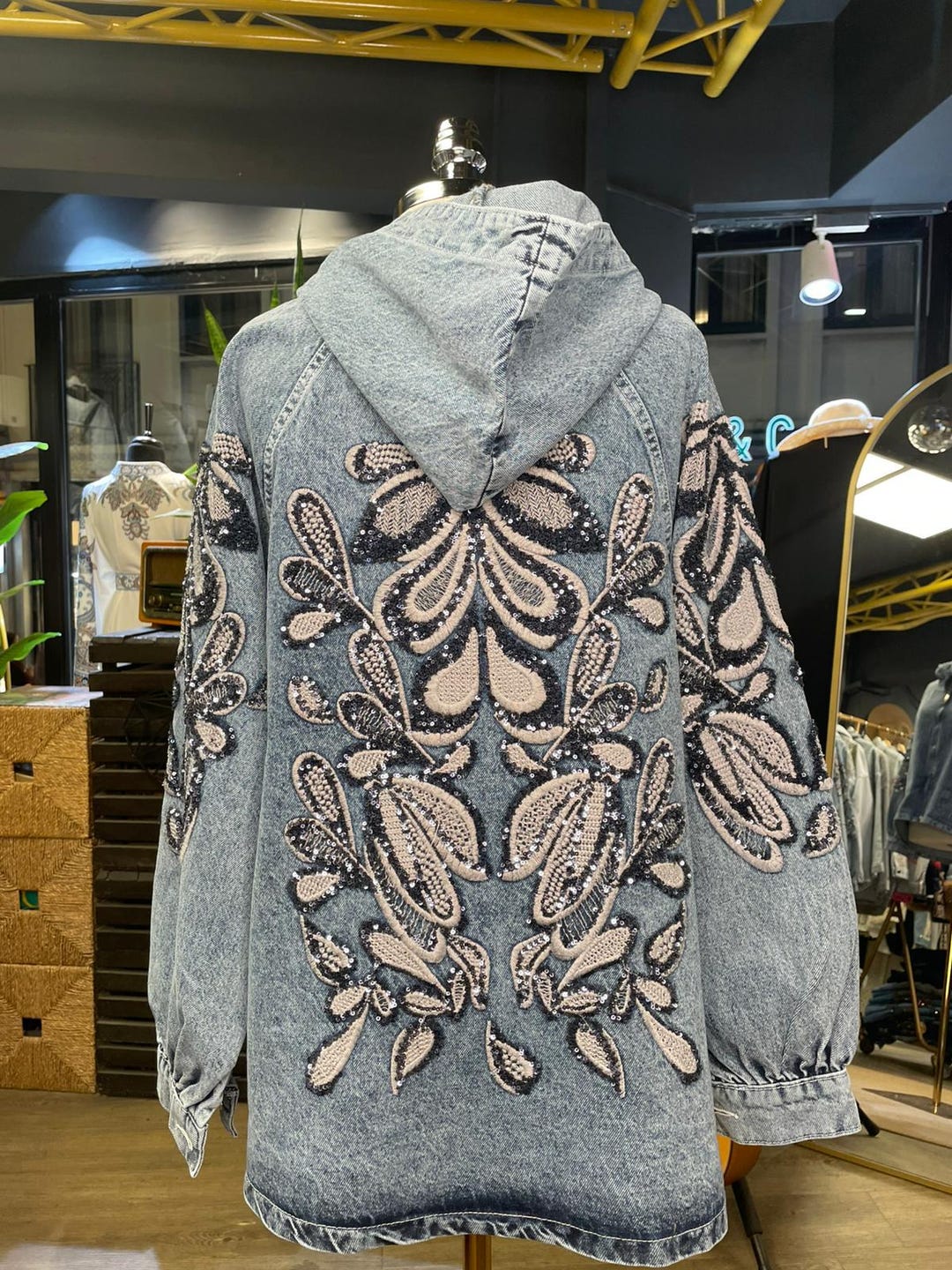 Embroidered Denim Jacket With Sequin Floral Details – Hooded Oversized ...