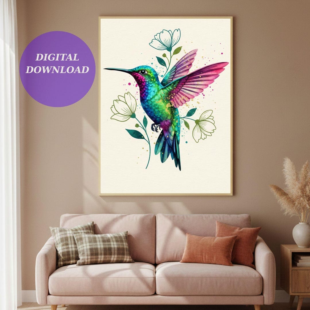 Colorful Hummingbird Wall Art, Modern Watercolor Bird Print, Nature ...
