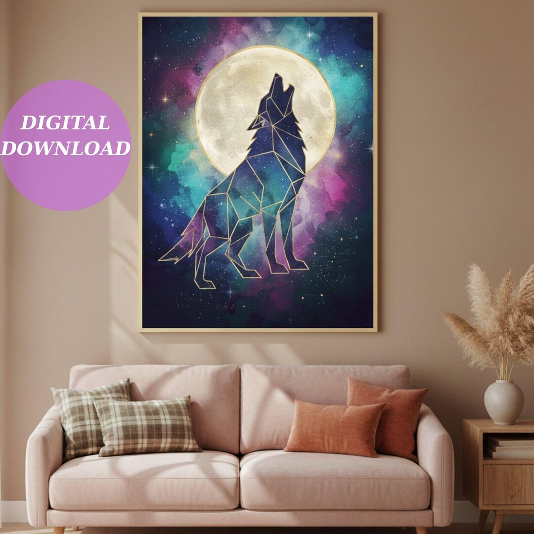 Celestial Wolf Wall Art - Geometric Galaxy Wolf Print - Howling Wolf ...