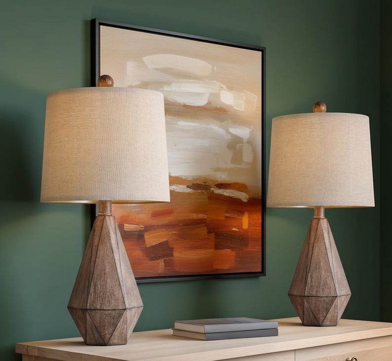 Rustic Farmhouse Table Lamp Set, Linen Shade, Bedside Nightstand Lamps ...