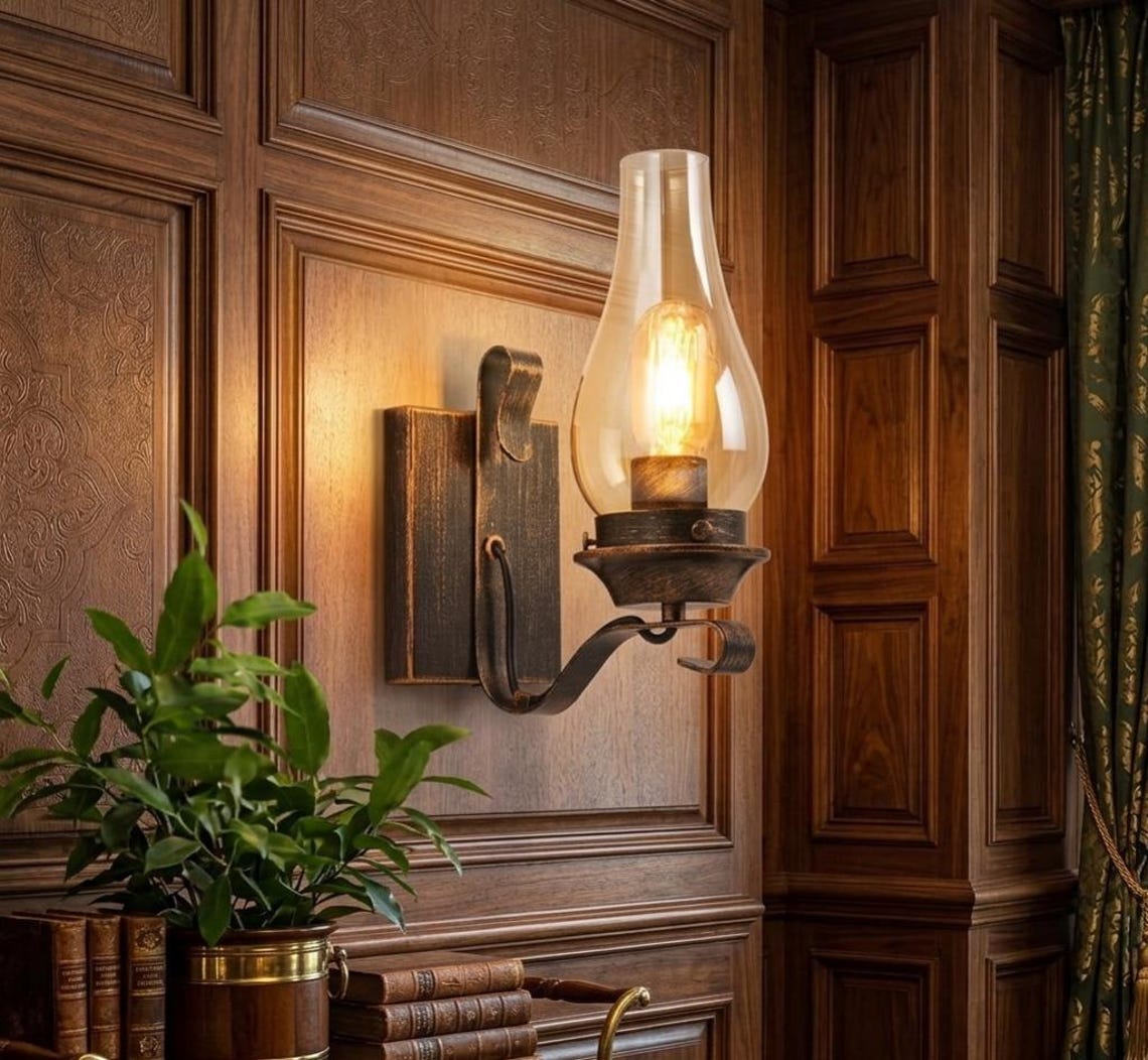 Retro Rustic Wall Lamps With Amber Glass, Vintage Bedside Sconces Wall ...