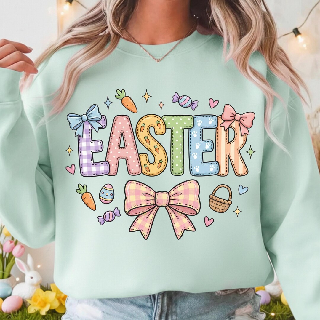 Cute Easter Typography PNG, Pastel Doodle Letters With Bows, Patchwork ...