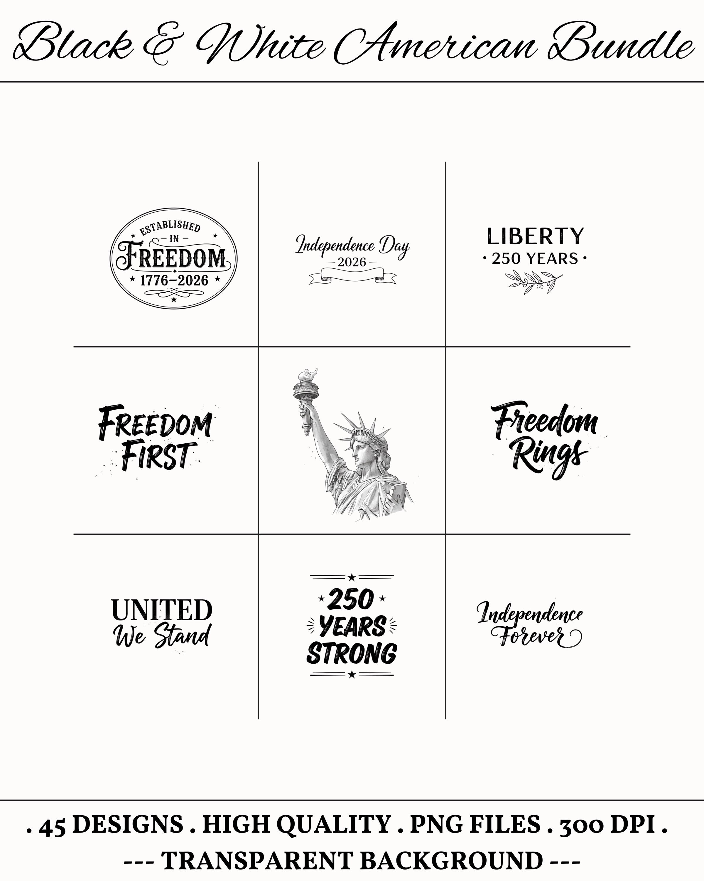 4th July Patriotic Clipart, Black and White Independence Day PNG ...