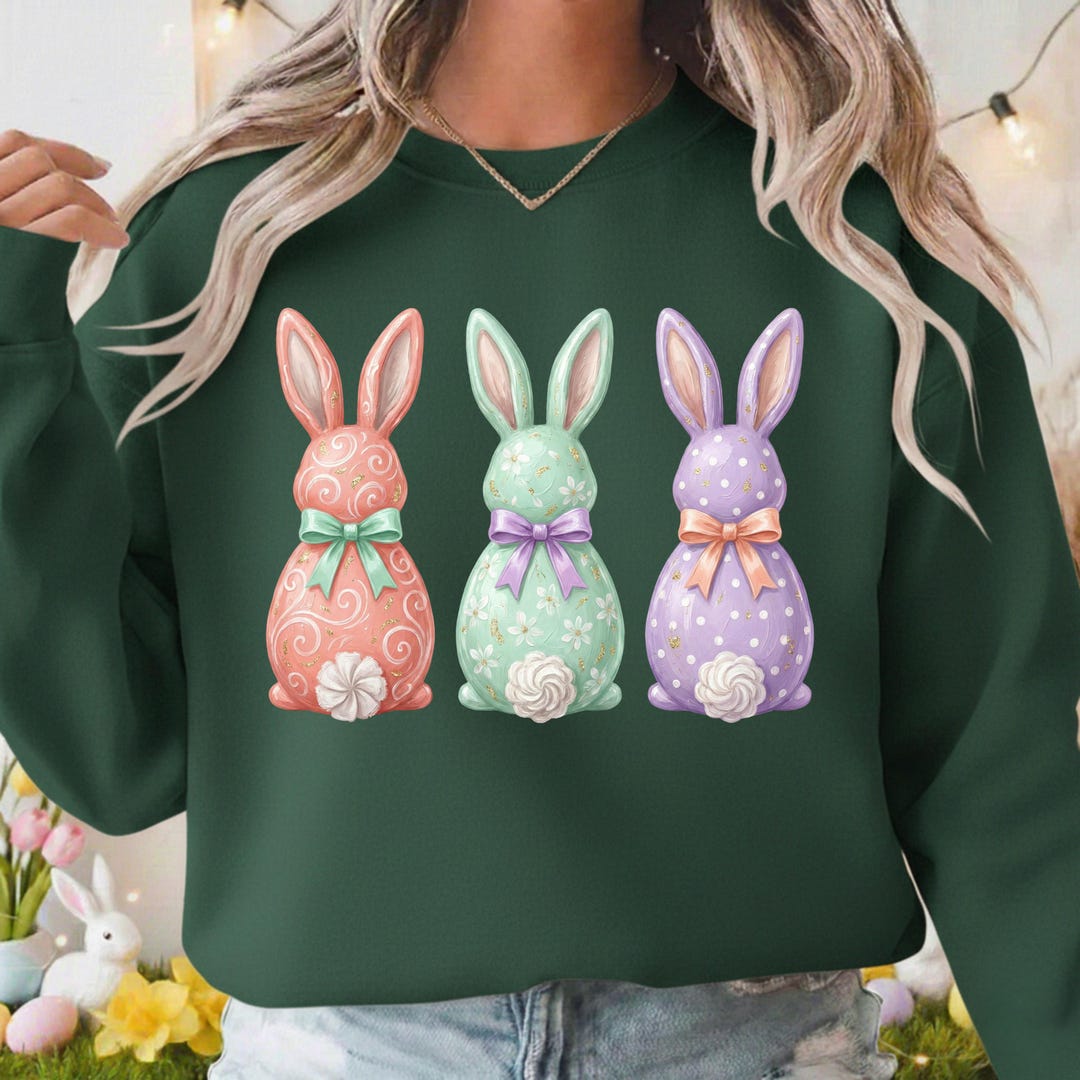 Three Pastel Easter Bunnies PNG, Hand Painted Ceramic Look, Gold ...
