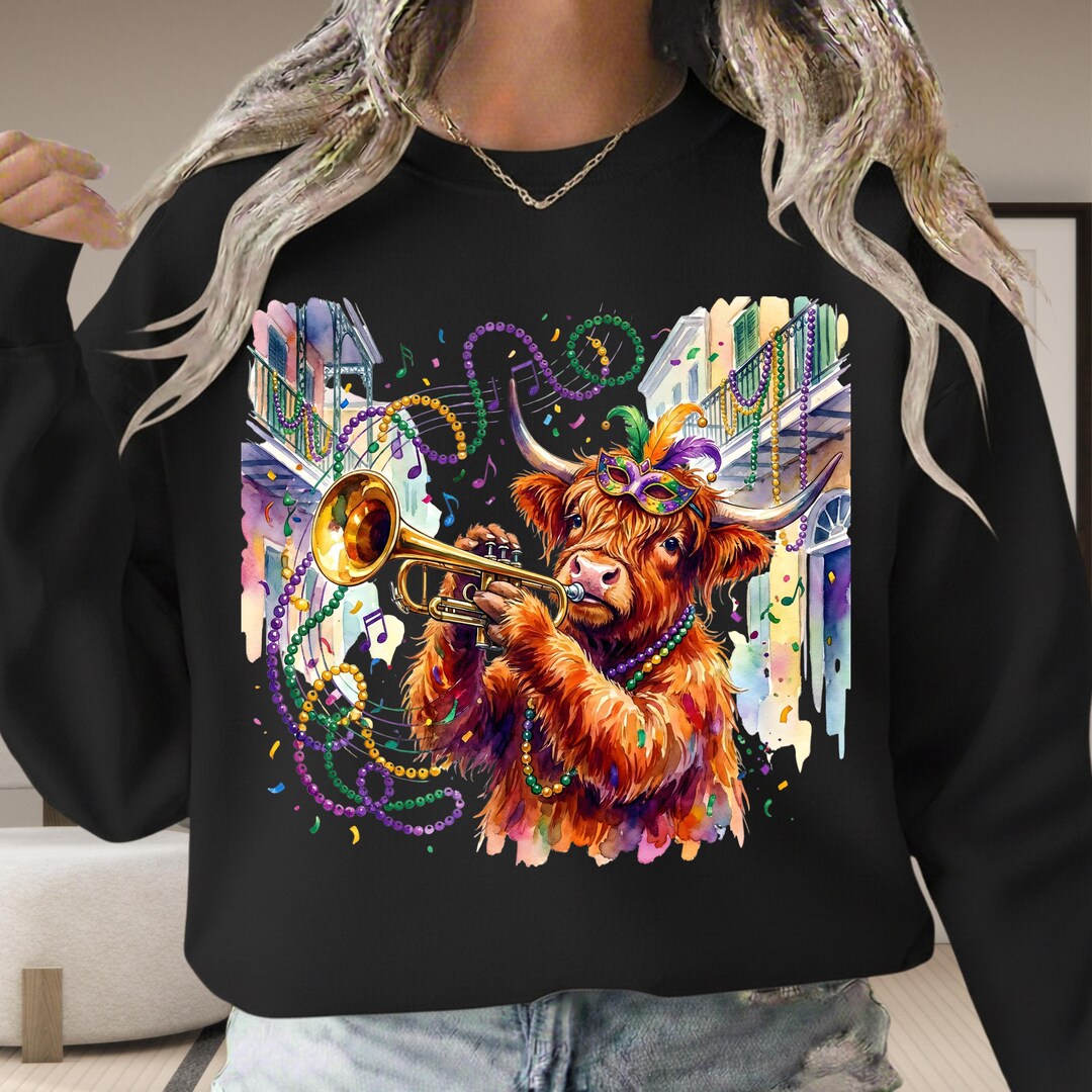 Mardi Gras Highland Cow PNG, Jazz Trumpet Player Clipart, Watercolor ...