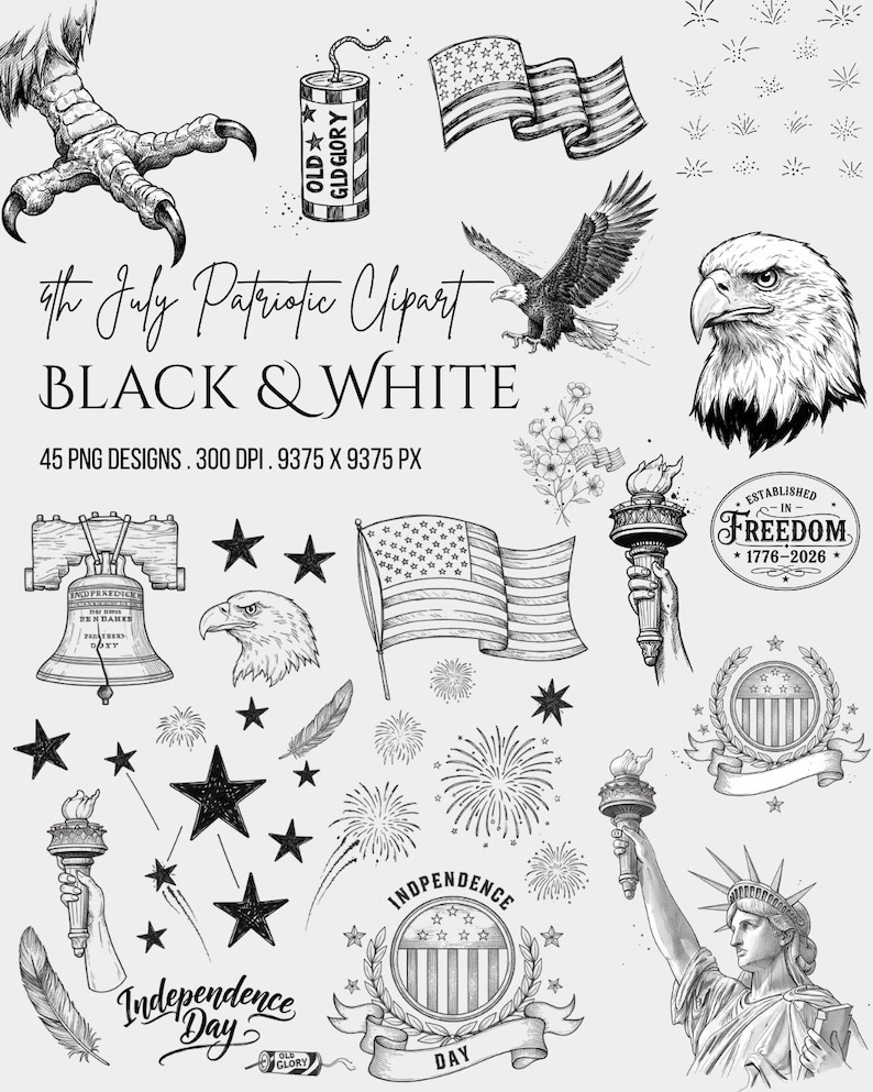 4th July Patriotic Clipart, Black and White Independence Day PNG ...