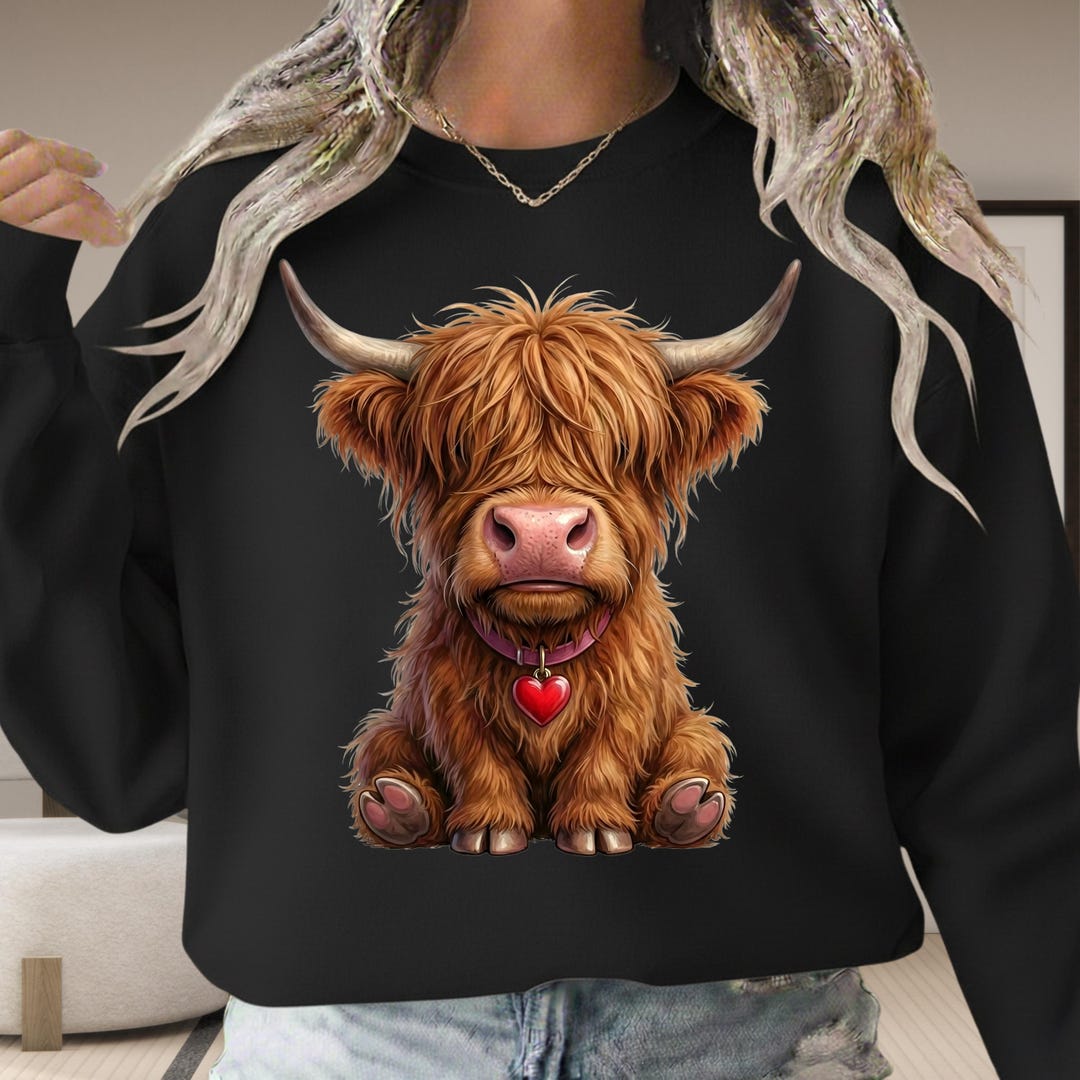 Cute Valentine Highland Cow PNG, Baby Calf With Heart Necklace ...