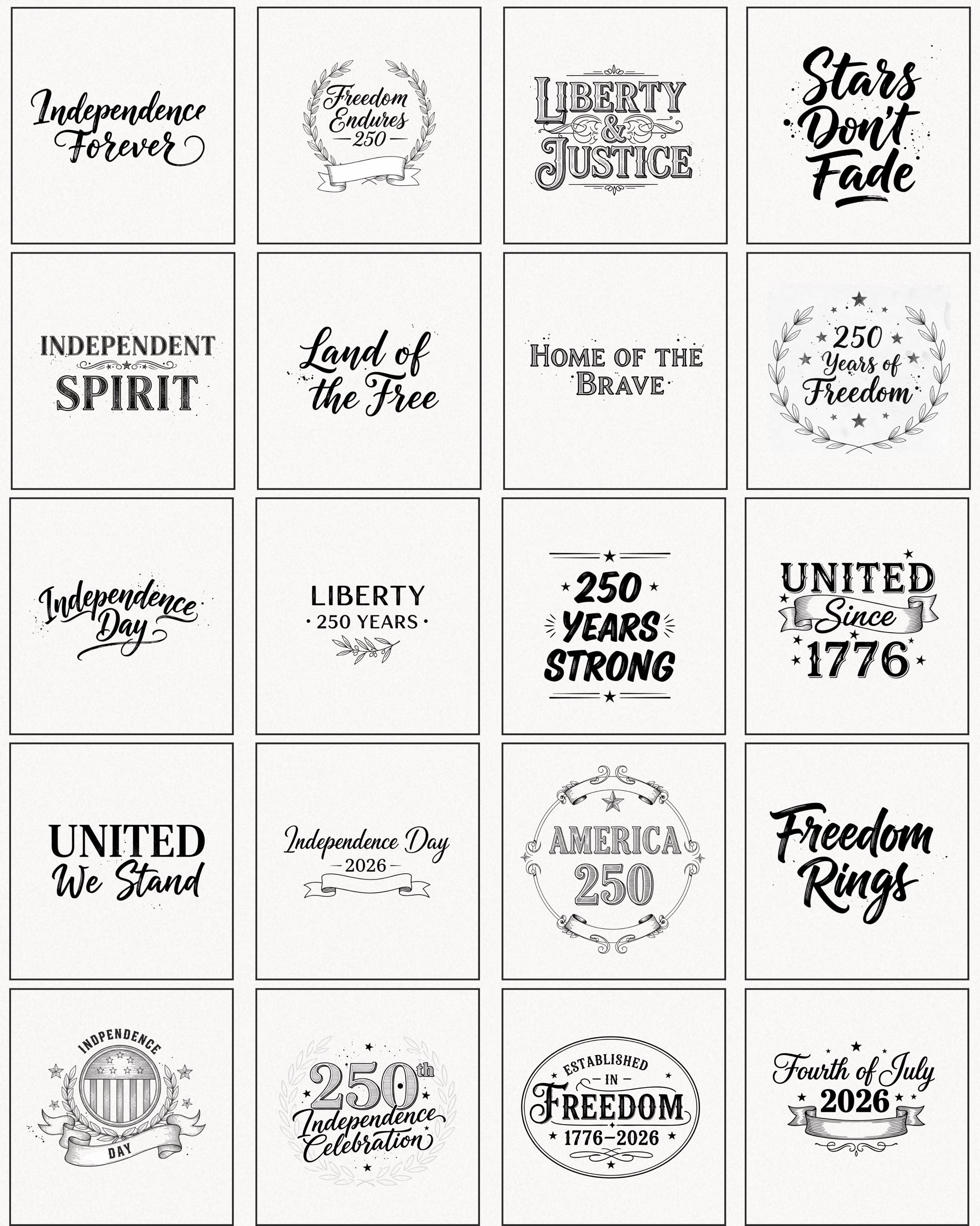 4th July Patriotic Clipart, Black and White Independence Day PNG ...