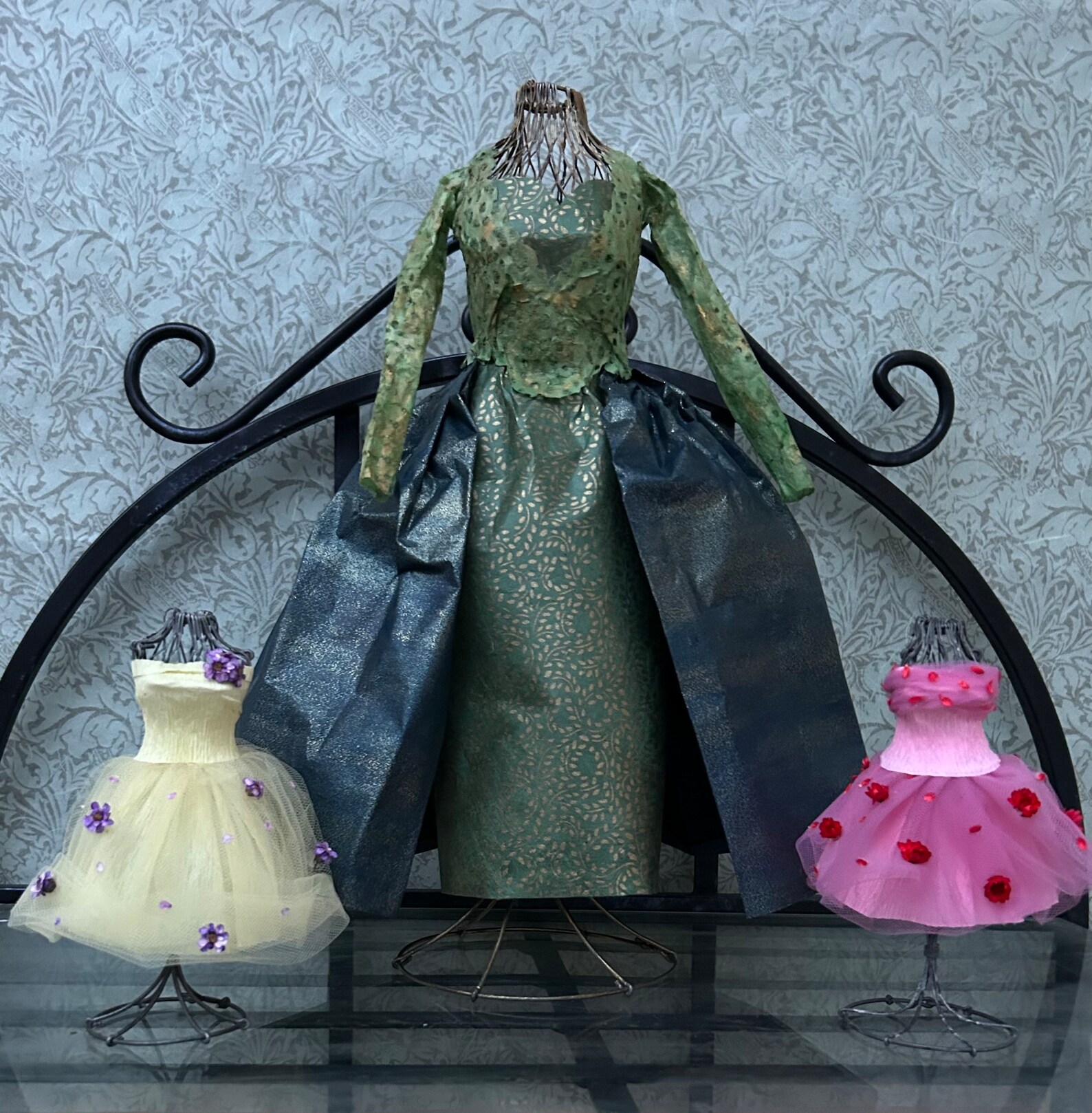 Drisella Purple Flowers Yellow Paper Dress on Wire Frame 6 - Etsy