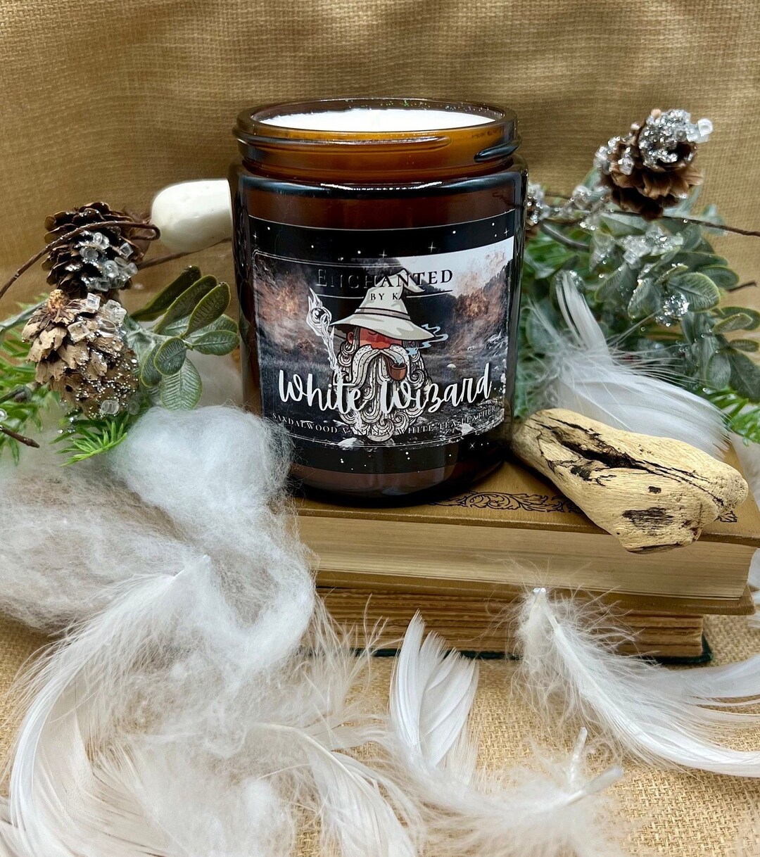 White Wizard Candle Sandalwood Vanilla, White Tea, & Leather Scented - Etsy