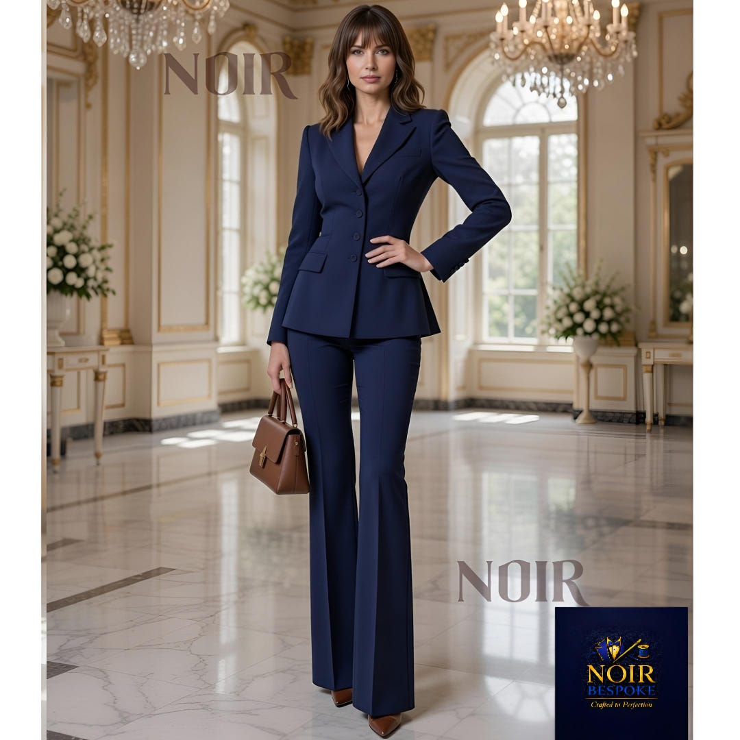 Navy Blue Suit Women Flared Pantsuit Trauanzug Damen Blau Costume Femme ...