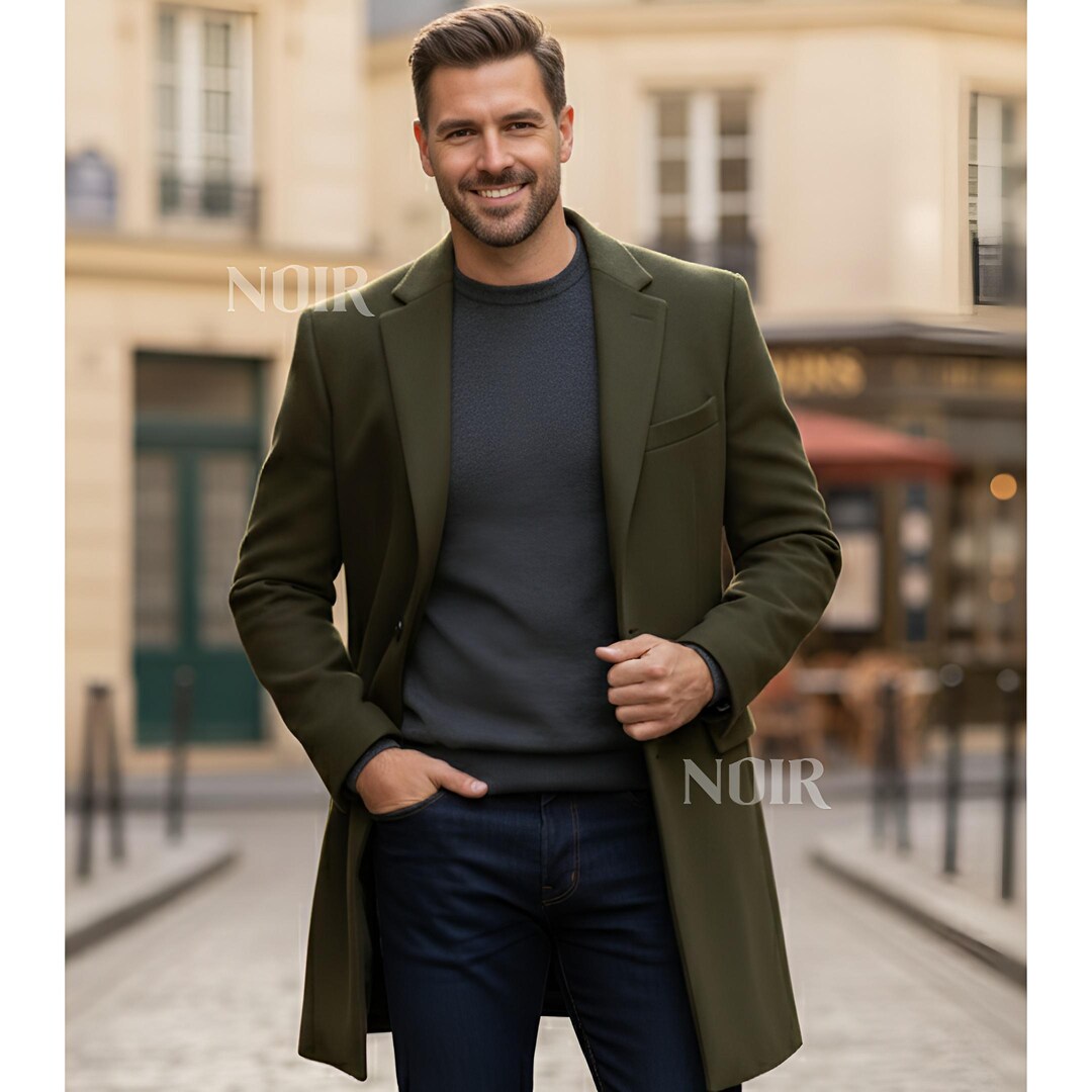 Olive Green Mens Overcoat Wool Long Coat Herren Mantel Costume Homme ...