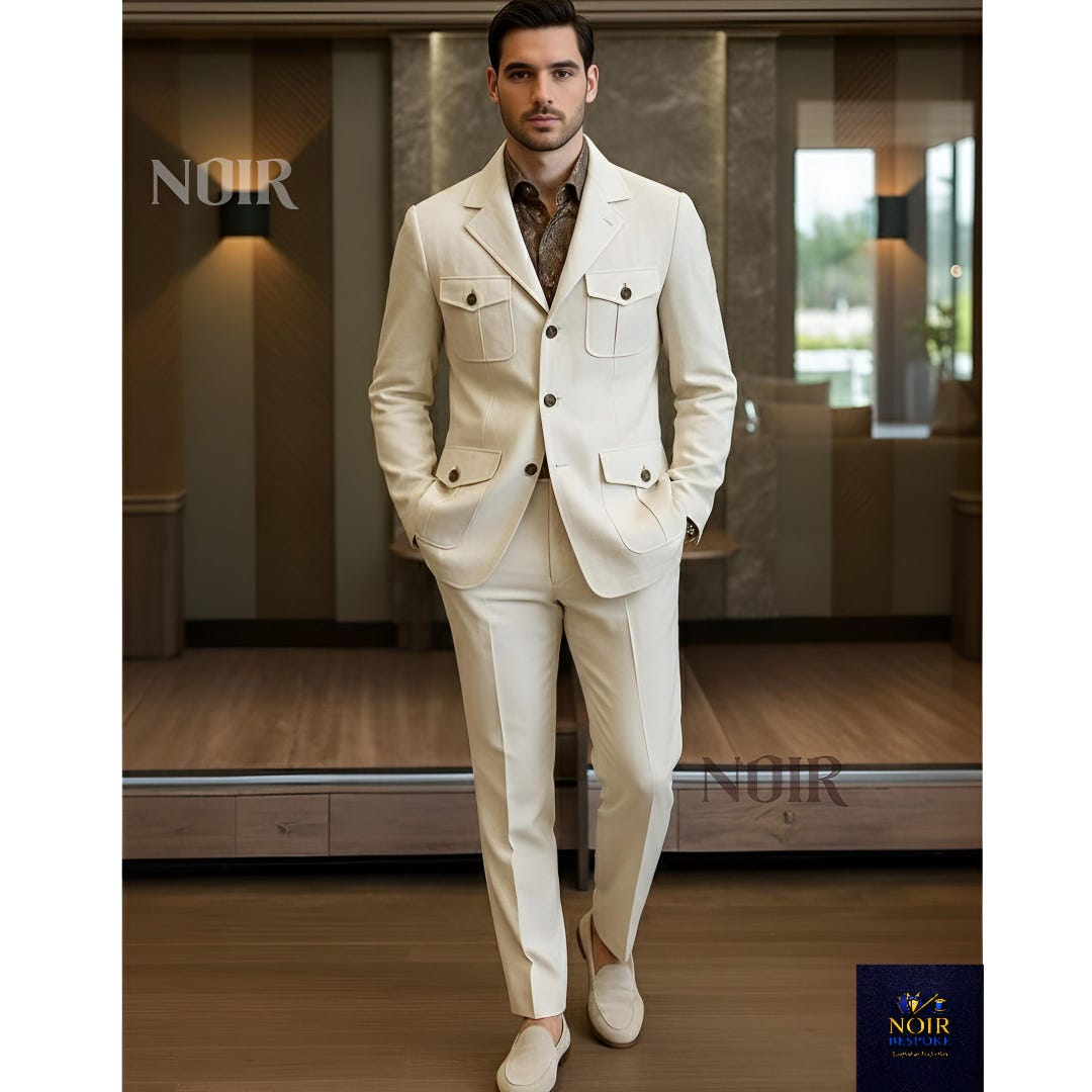 Ivory Linen Safari Men’s Suit Wedding Trauanzug Herren Costume Homme ...