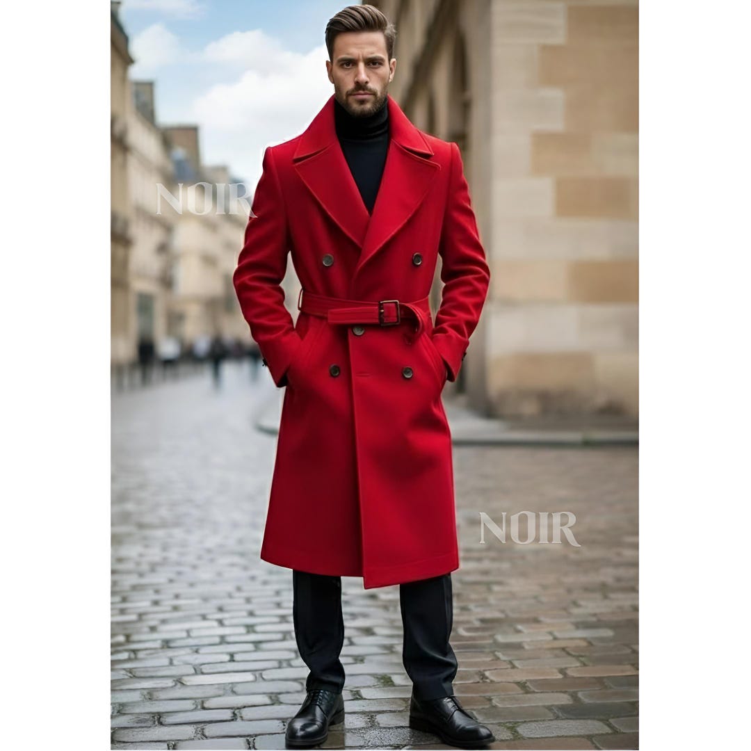 Red Long Men’s Overcoat Trench Mantel Herren Costume Homme Elegant ...