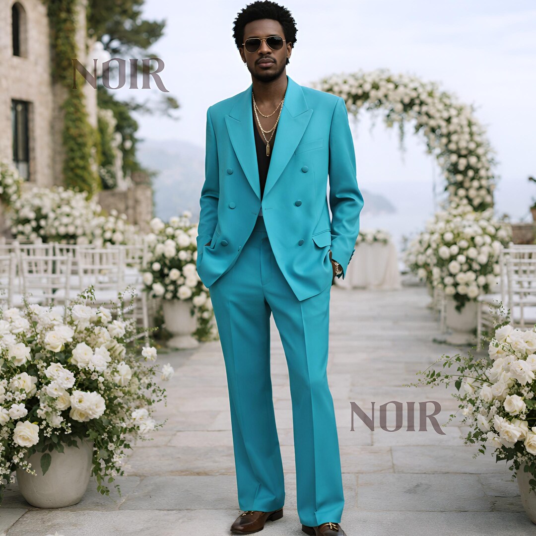 Turquoise Double Breasted Suit Trauanzug Herren Costume Homme Teal Blue ...