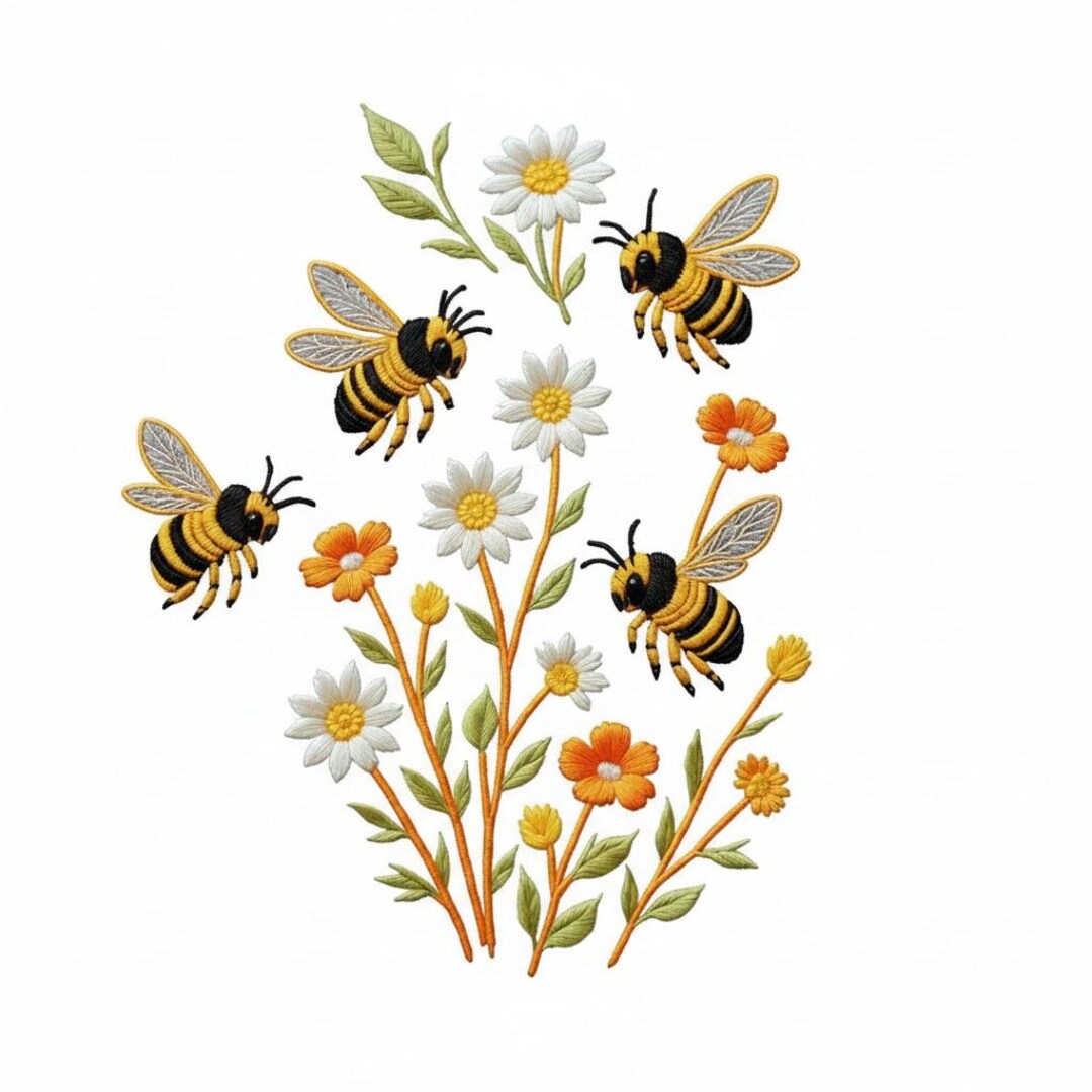 Bee and Wildflower Embroidery Design, Honey Bee Floral Stitch Pattern ...