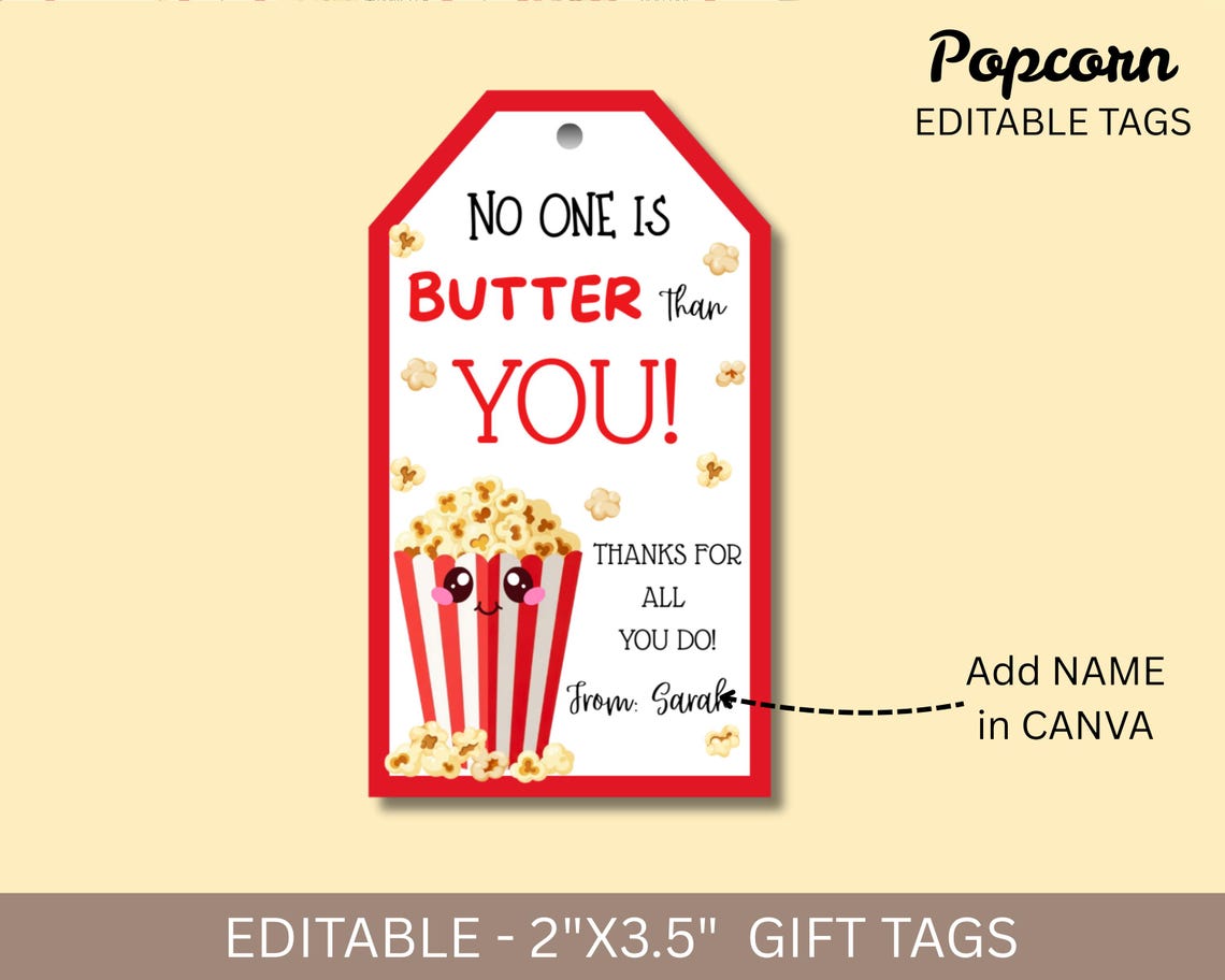 Popcorn Gift Tag Printable, Teacher, Employee, Staff, Nurse, Coworker ...