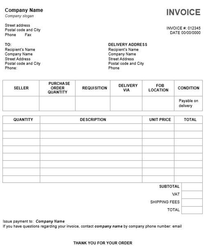 Invoice Template, Editable and Printable Invoice, Standard Payment ...