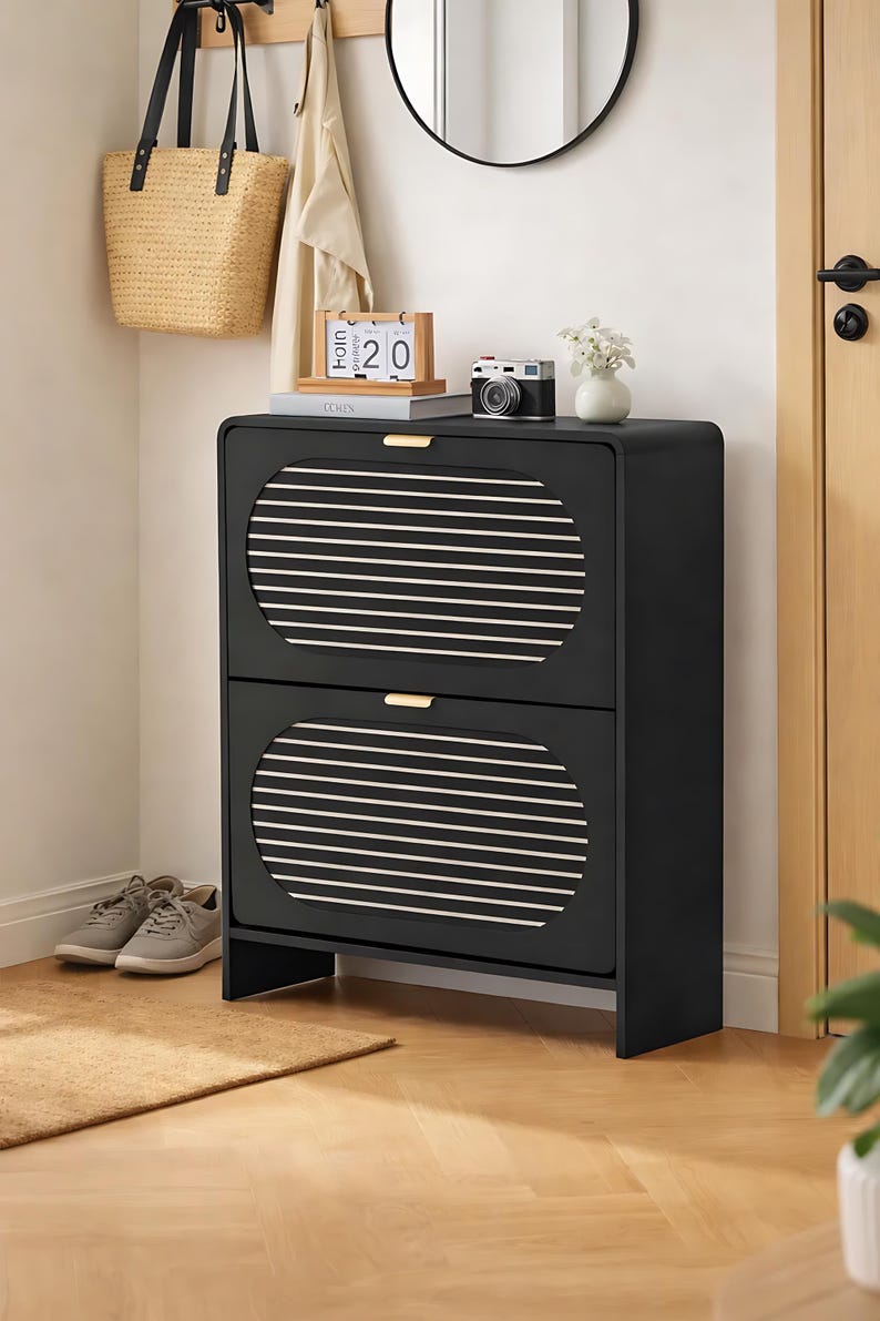 Narrow Shoe Storage Cabinet Entryway With 2 Flip Drawers Arched Panel ...