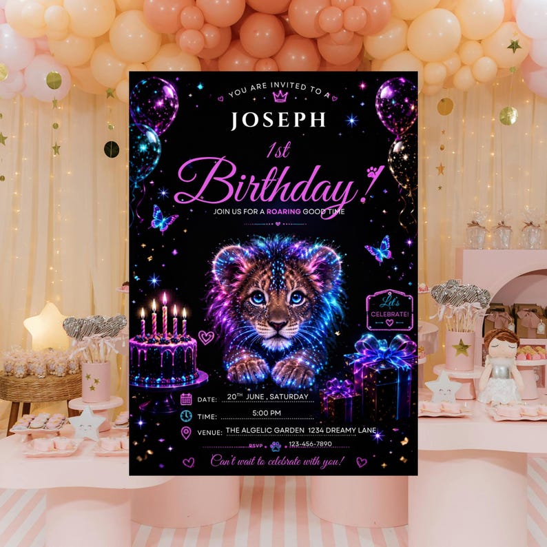 Editable Lion Birthday Invitation, Neon Fantasy Theme, Kids Party ...