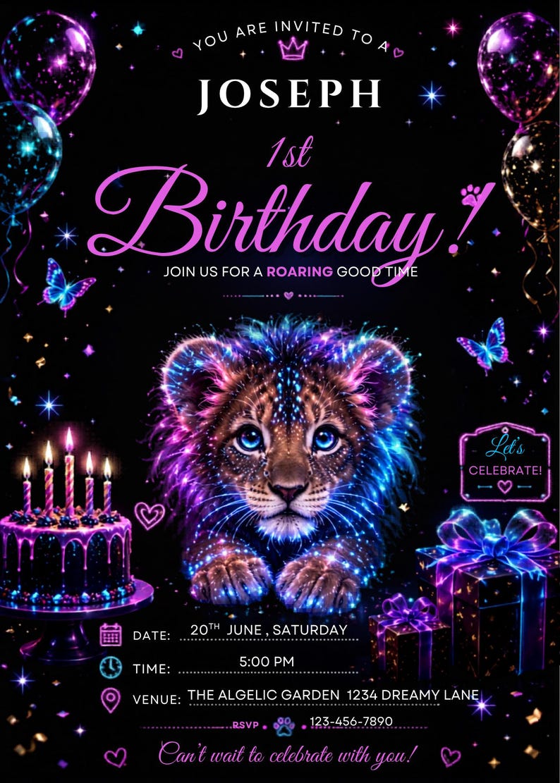 Editable Lion Birthday Invitation, Neon Fantasy Theme, Kids Party ...
