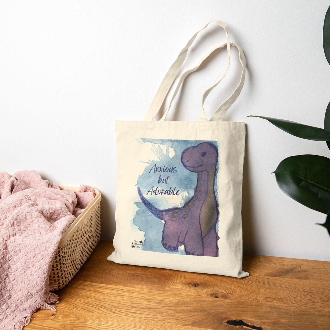 Anxious but Adorable Dinosaur Tote Bag | Watercolor Dino Canvas - Etsy
