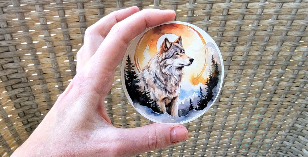 Watercolor Wolf Full Moon Sticker, Wolf Forest Waterproof Vinyl Decal ...