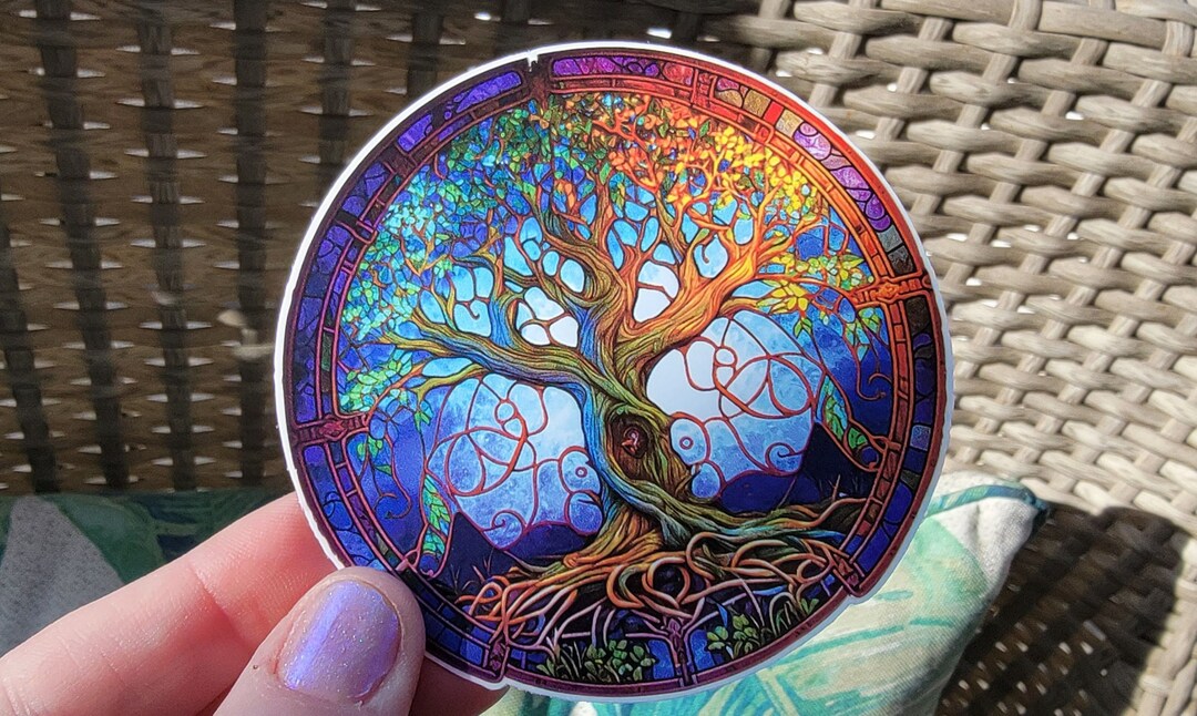 Stained Glass Tree of Life Vinyl Sticker, Wheel of the Year Tree Decal ...