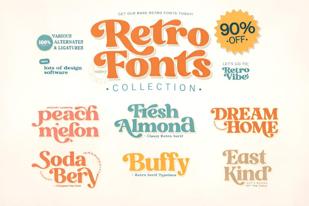 Retro Fonts Collection: Y2K, 70s, 80s Serif Script Typeface Bundle ...