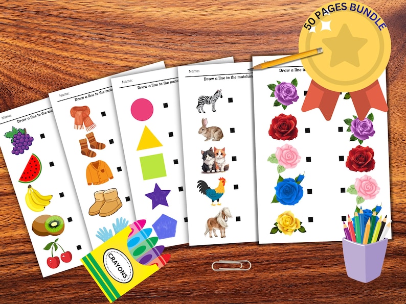 50-page Matching Worksheet Bundle, Preschool Kindergarten Activity (digital Download) - Etsy