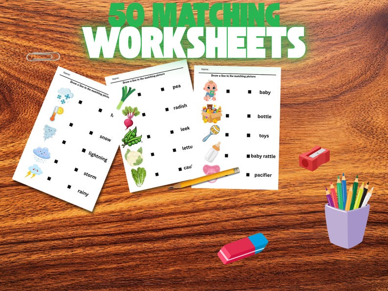 Printable Matching Worksheets, Match the Picture, Name Recognition ...