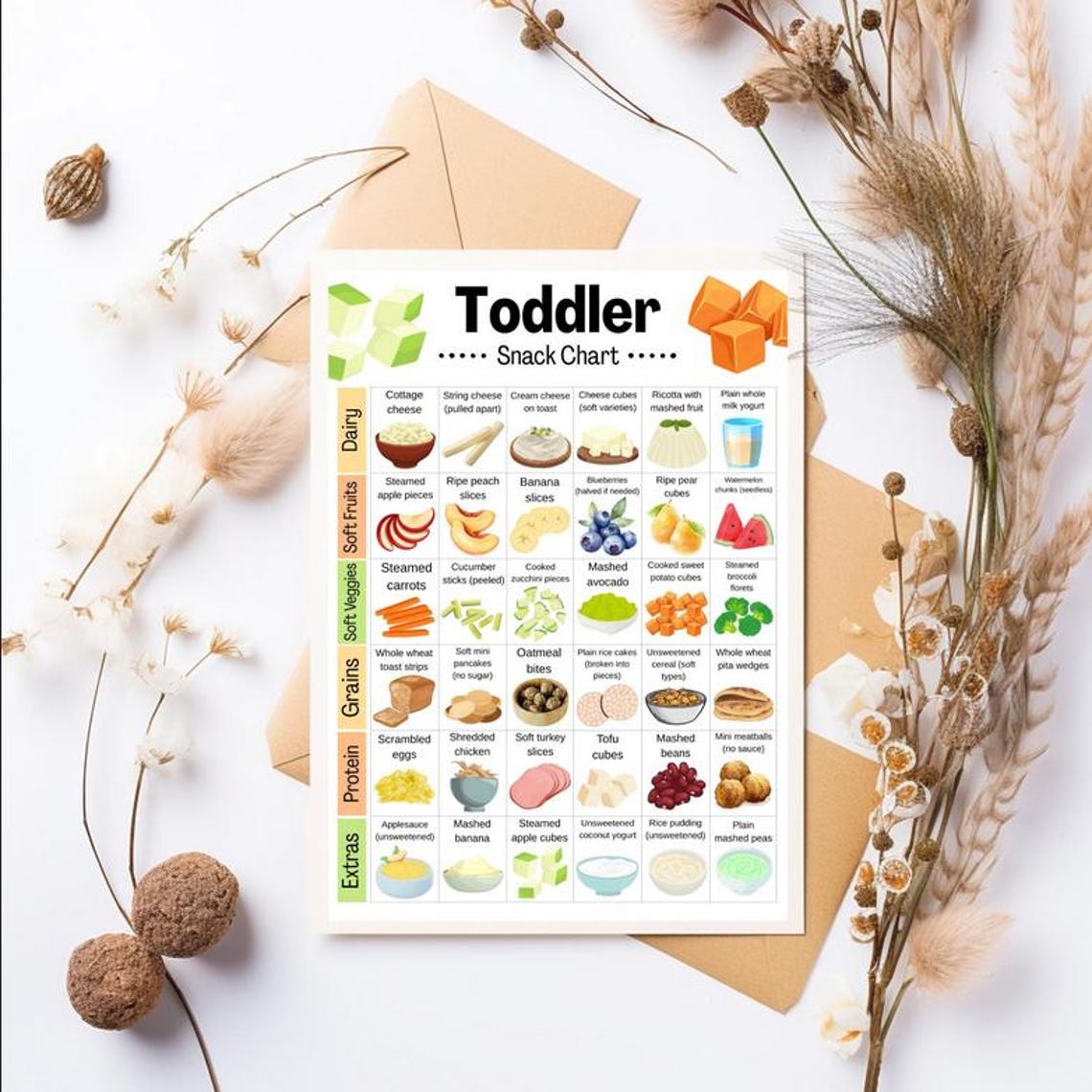 Toddler Snack Ideas Chart Printable, Soft Snacks for 1–3 Year Olds ...