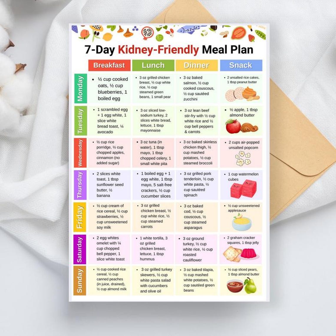 Kidney Friendly Meal Ideas Food List PDF, Renal Diet Food List, Weekly ...
